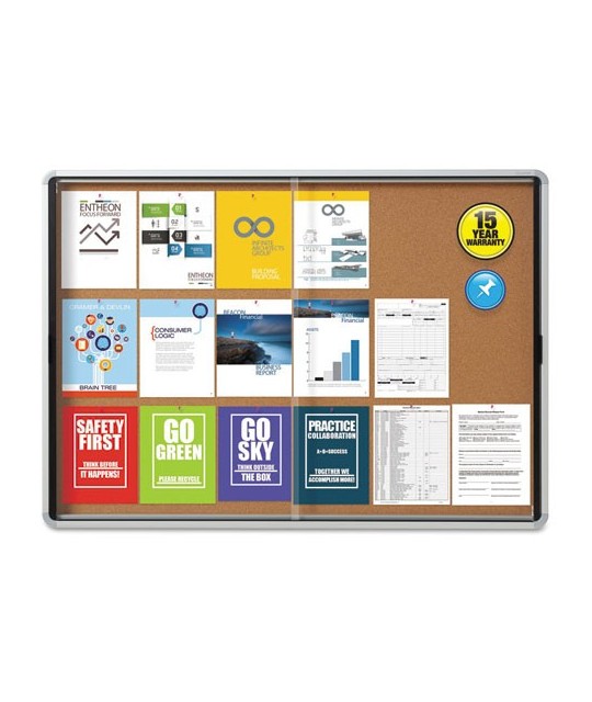 Quartet Enclosed Indoor Cork Bulletin Board With Sliding Glass Doors