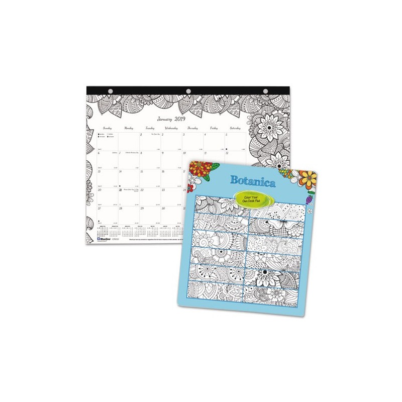 Blueline Monthly Desk Pad Calendar with Coloring Pages